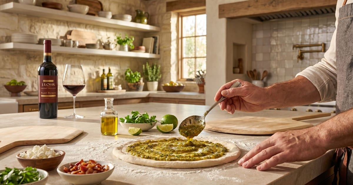 J. Lohr | Roasted Tomatillo Salsa Verde Pizza with Goat Cheese + Bacon